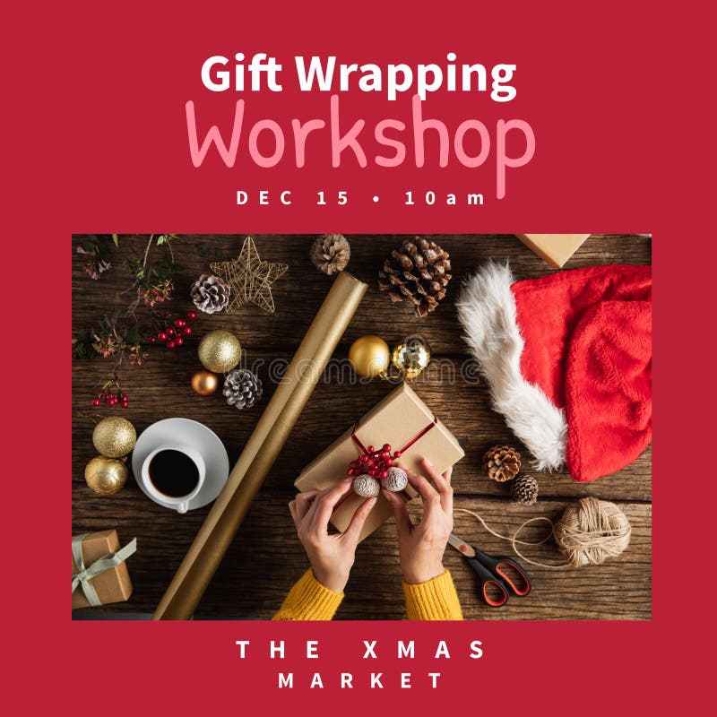 Composition of Gift Wrapping Workshop Text Over Hands with Present ...
