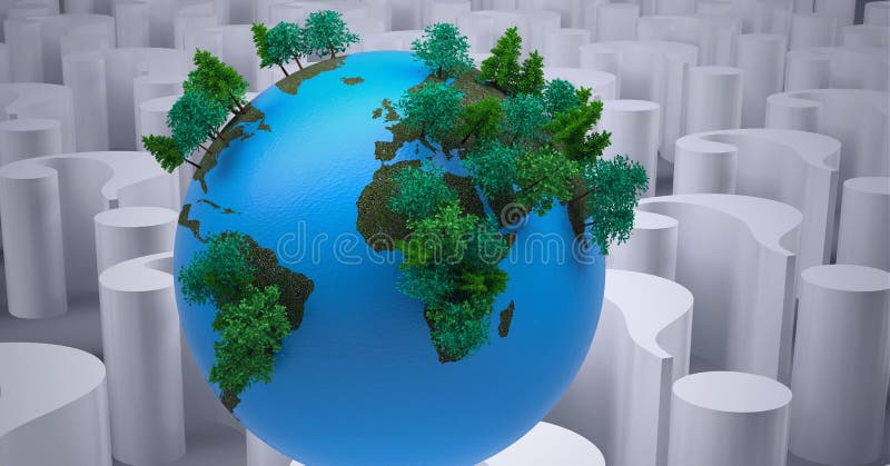 Composition of Globe with Growing Trees Over White 3d Shapes Stock ...