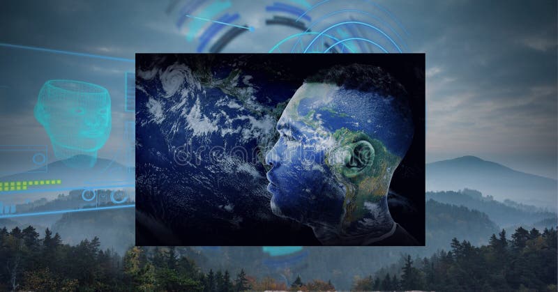 Composition of Globe on Man S Face Over Scope Scanning on Nature ...