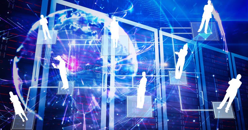 Composition of Globe and Network of People Icons Over Computer Servers ...