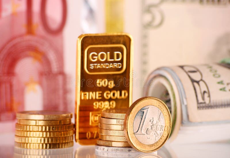 Composition with 50 Gram Gold Bar, Banknotes and Coins Stock Image ...