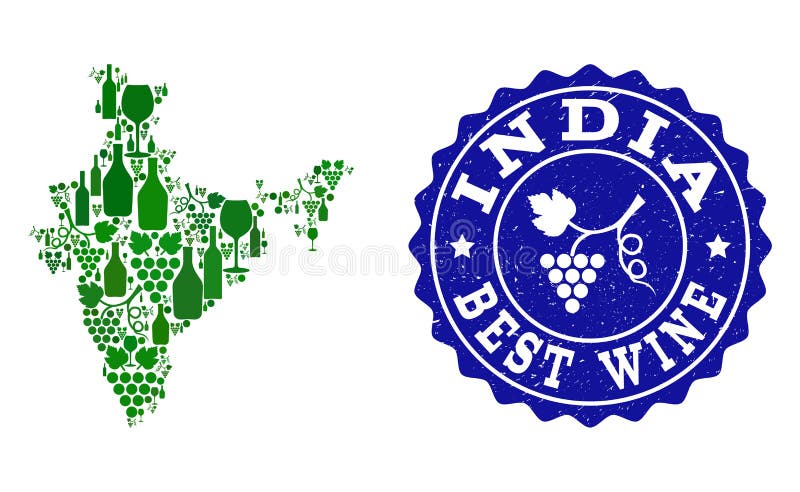 Composition of Grape Wine Map of India and Best Wine Grunge Seal Stock ...