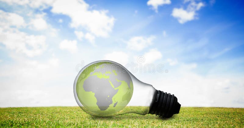 Composition of Green Planet Earth in Lightbulb on Grass Stock ...