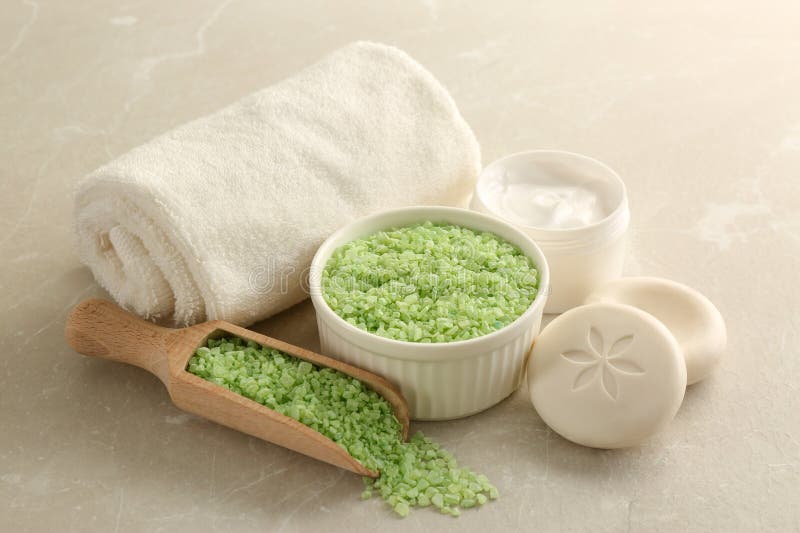 Composition with Green Sea Salt on Light Grey Table Stock Image - Image ...