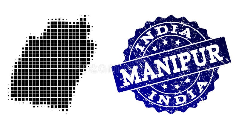 Composition of Halftone Dotted Map of Manipur State and Grunge Stamp ...