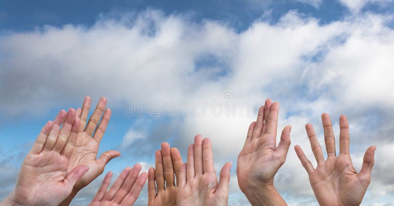 Composition of Hands Held Up Against Clouds on Blue Sky Stock Image ...