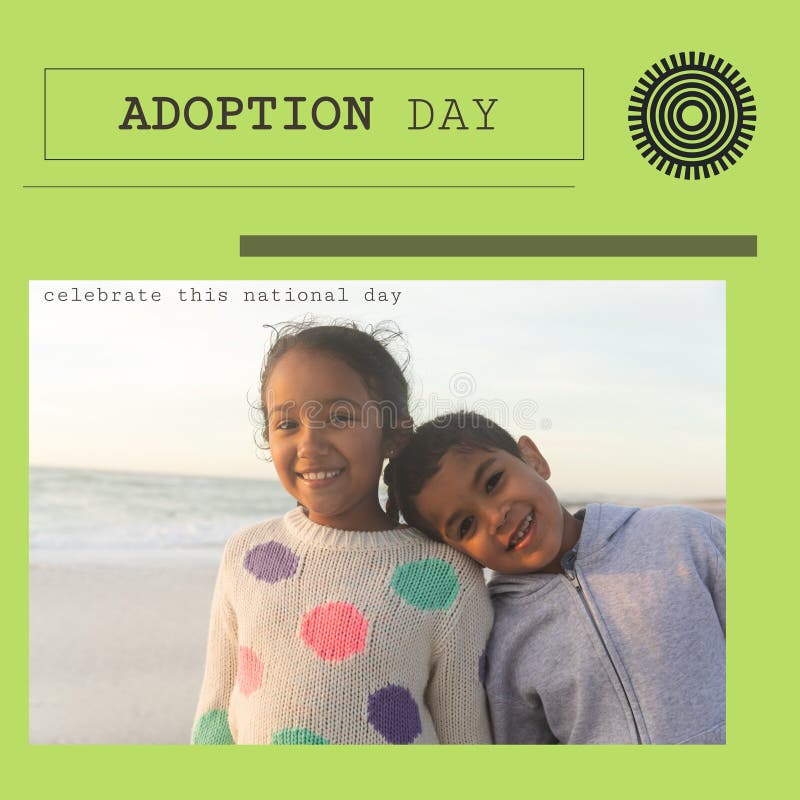 Composition of Happy Adoption Day Text with Biracial Children at Beach ...
