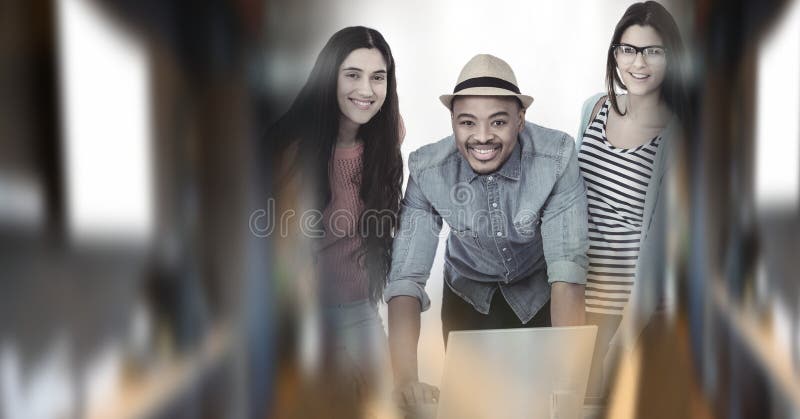 Composition of Happy Diverse Business Team Using Tablet with Double ...