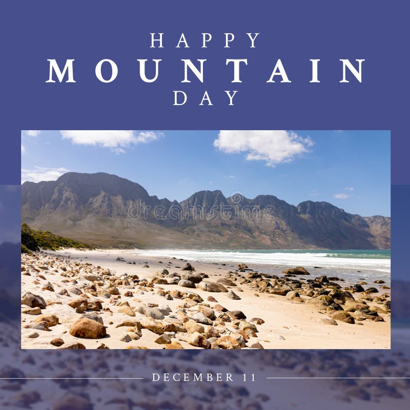 Composition of Happy Mountain Day Text Over Landscape Stock Image ...