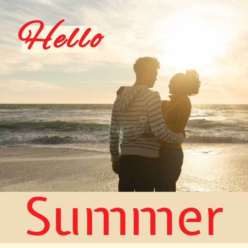 Composition of Hello Summer Text Over Biracial Couple in Love on Beach Stock Image - Image of ...