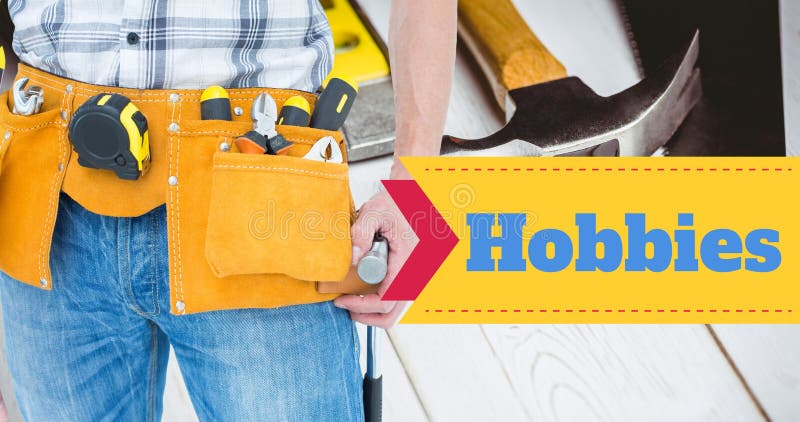 Composition of Hobbies Text and Man with Various Work Tools Stock Photo ...