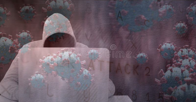 Composition of Hooded Hacker Using Laptop with Covid Cells and Cyber ...