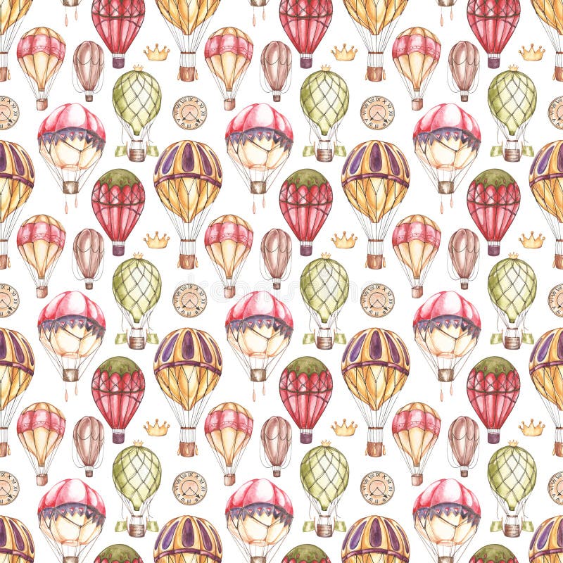 Composition with Hot Air Balloons and Blimps, Watercolor Illustration ...