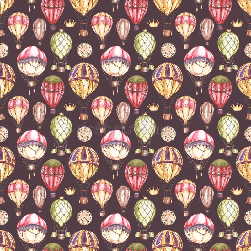 Composition with Hot Air Balloons and Blimps, Watercolor Illustration ...