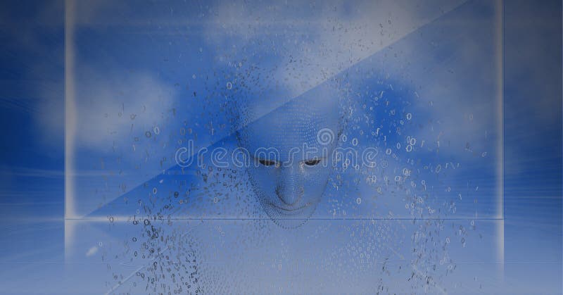 Composition Of Human Bust Formed With Binary Coding Exploding On Cloud