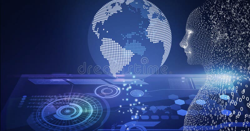 Composition of Human Digital Bust with Binary Coding Processing and Globe Over Scopes Scanning ...