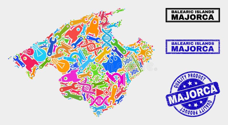 Composition of Industrial Majorca Map and Quality Product Stamp Stock ...