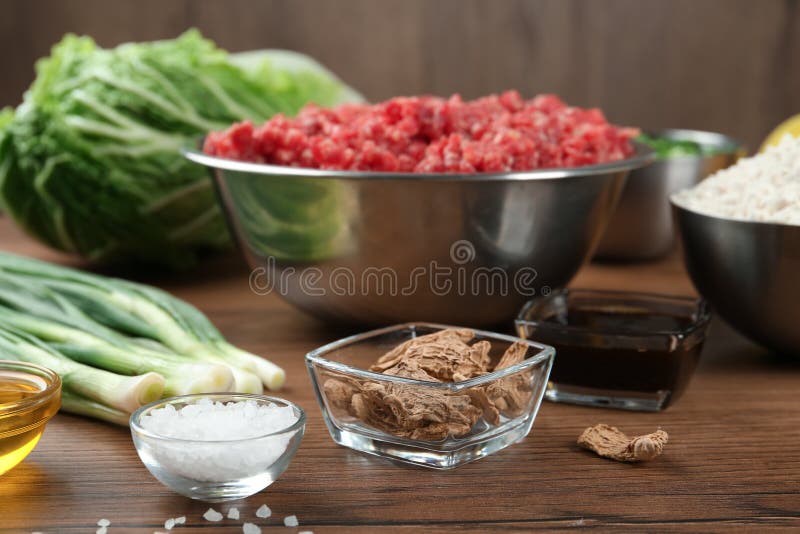 Composition with Ingredients for Gyoza on Wooden Table Stock Photo ...