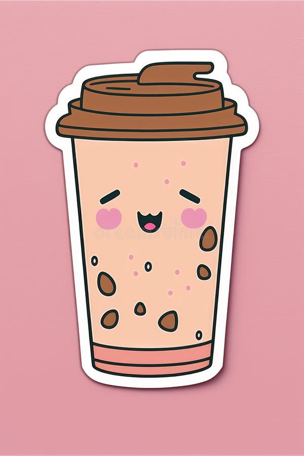 Composition of Kawaii Cartoon Coffee Sticker on Pink Background Stock ...