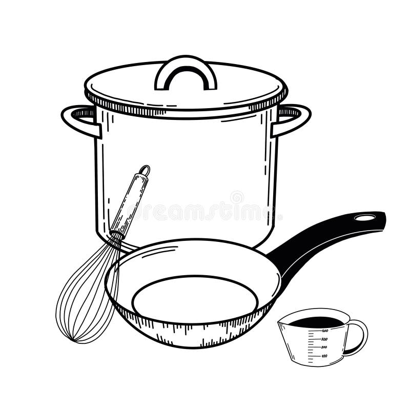 Composition on a Kitchen Theme. a Saucepan, a Frying Pan with a Black ...