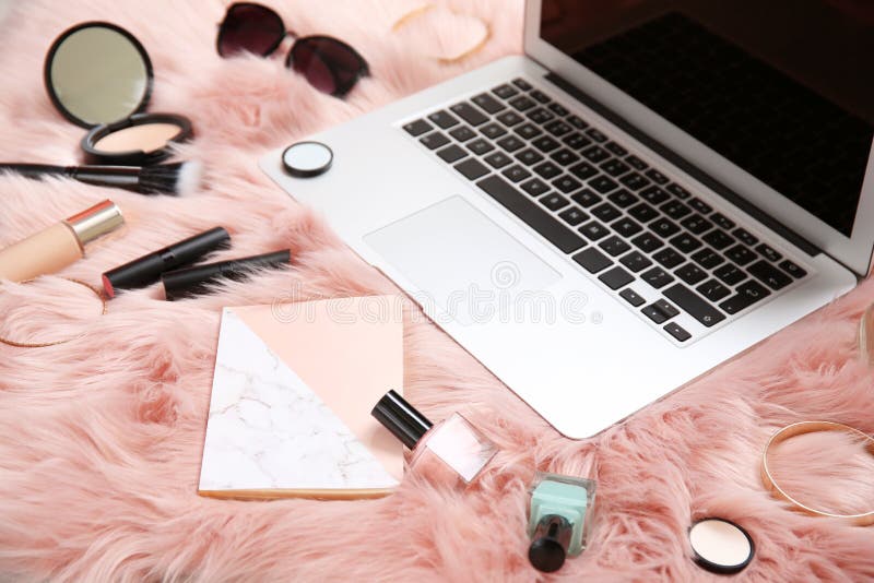 Composition with Laptop, Notebook Stock Image - Image of lipstick ...