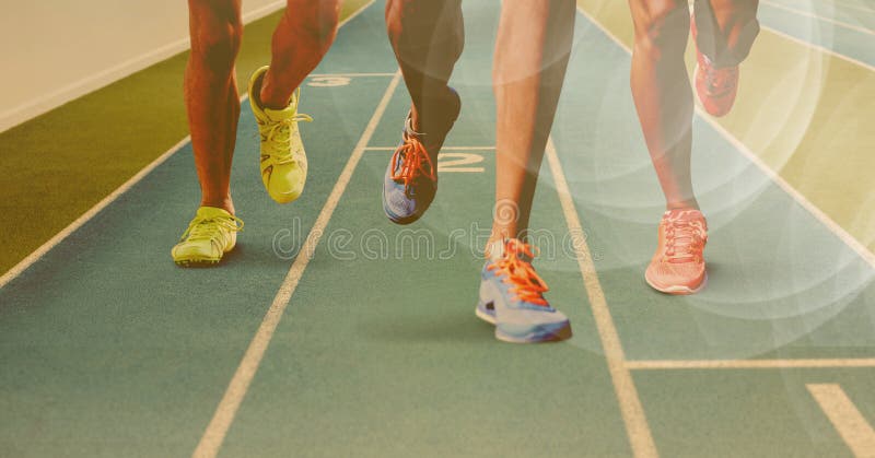 Composition of Legs of Running Athletes on Racing Track with Spots of ...