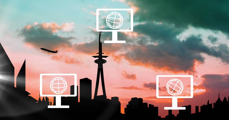 Composition of Light Trails Over Computer and Globe Icons and Cityscape ...