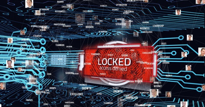 Composition of Locked Access Denied Text with People Photographs Over ...