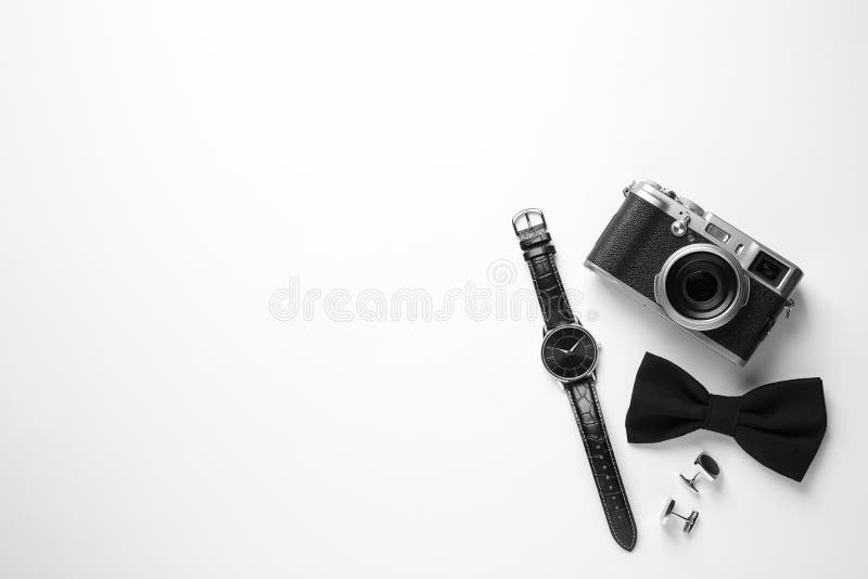 Composition with Luxury Wrist Watch on White Background, Top View Stock ...