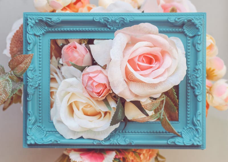 Composition Made of Photo Frame and Artificial Flowers in Pastel Colors ...