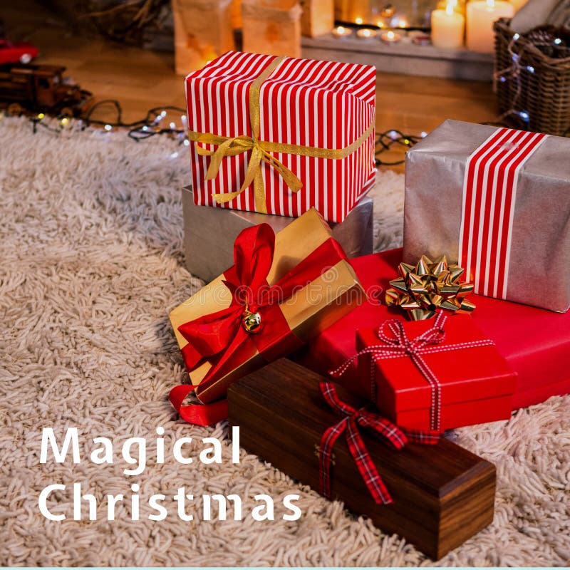 Composition of Magical Christmas Text Over Presents Stock Illustration ...