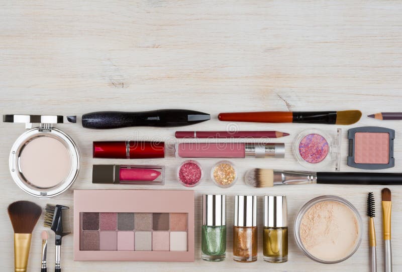 Composition of Makeup Products and Cosmetics on Table with Copyspace ...