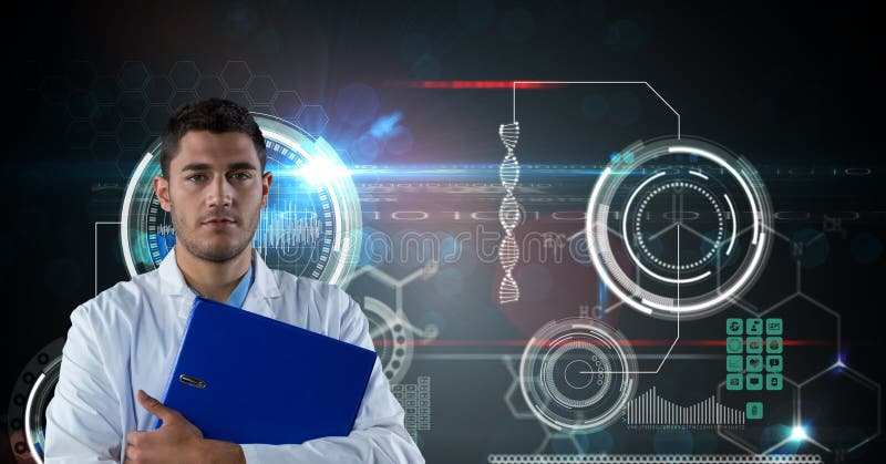 Composition on Male Doctor Over Screen with Medical Data Processing ...