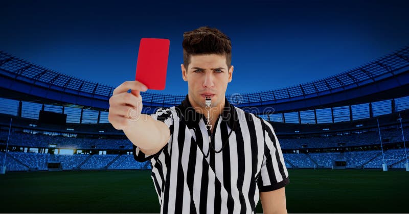 Composition of Male Referee Holding Red Card at Stadium Stock Photo ...