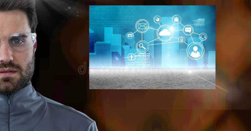 Composition of Man with Digital Icons on Screen Stock Image - Image of ...