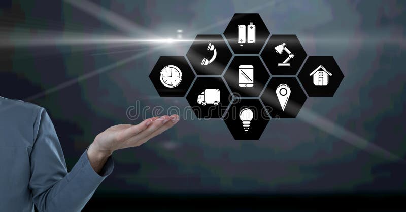 Composition of Man S Hand with Productivity Digital Icons on Screen ...