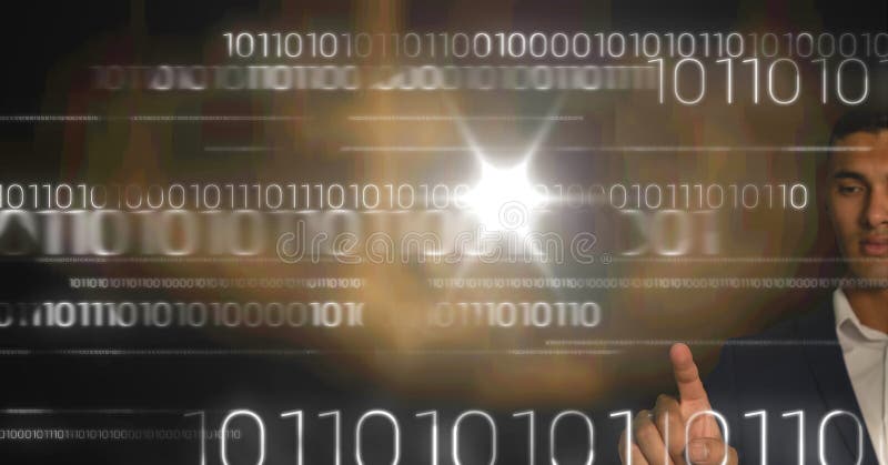 Composition Of Man Touching Screen With Binary Coding And Data