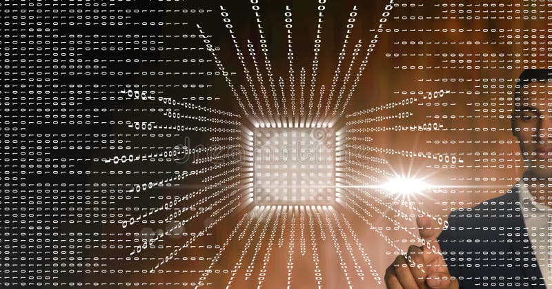 Composition Of Man Touching Screen With Binary Coding And Data Processing Stock Image Image Of