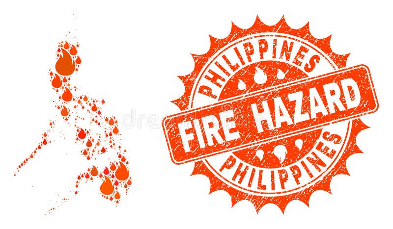 Composition of Map of Philippines Burning and Fire Hazard Grunge Stamp ...