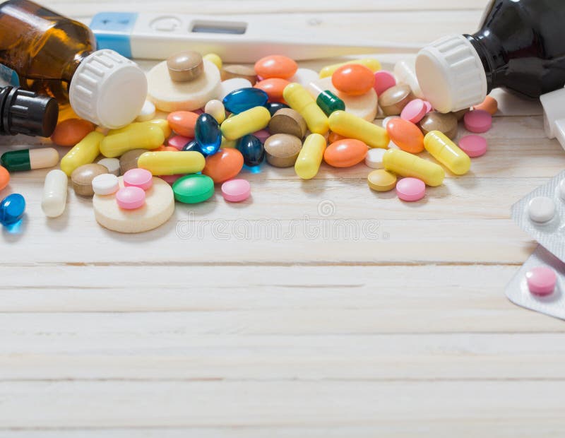 Composition of Medicine Bottles and Pills Stock Image - Image of ...