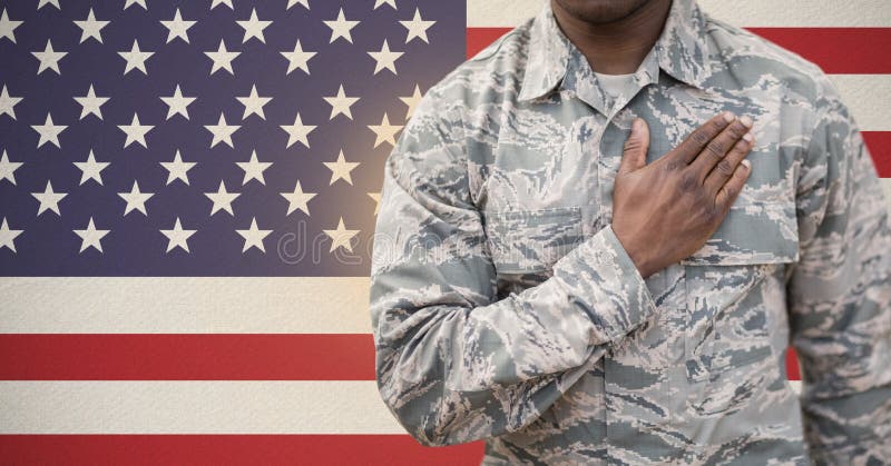 Composition of Midsection of Soldier with Hand on Heart, Against ...