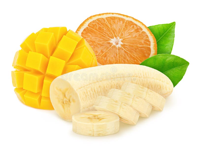Composition With Mix Of Cutted Tropical Fruits Isolated On A White