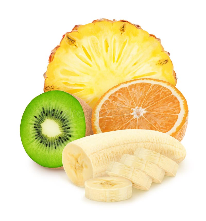 Composition With Mix Of Cutted Tropical Fruits Isolated On A White