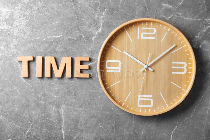 Composition with Modern Clock and Word Time on Grey Background Stock ...