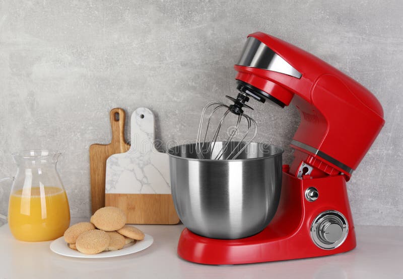 Composition with Modern Red Stand Mixer and Different Products on White ...