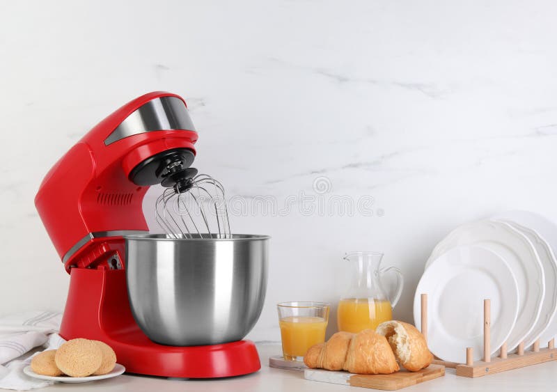 Composition with Modern Red Stand Mixer and Different Products on White ...