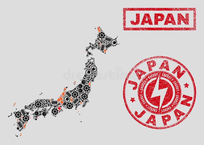 Electric Collage Japan Map and Snow and Grunge Stamps Stock Vector ...