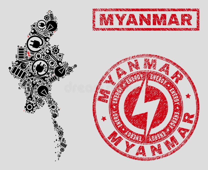 Electric Collage Myanmar Map and Snowflakes and Distress Stamps Stock ...