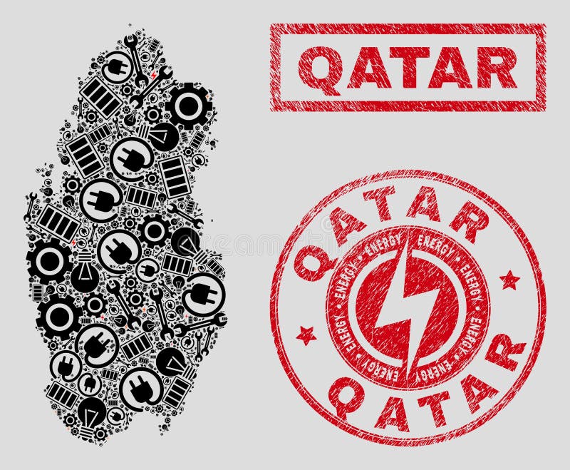 Electric Collage Qatar Map and Snowflakes and Scratched Seals Stock ...