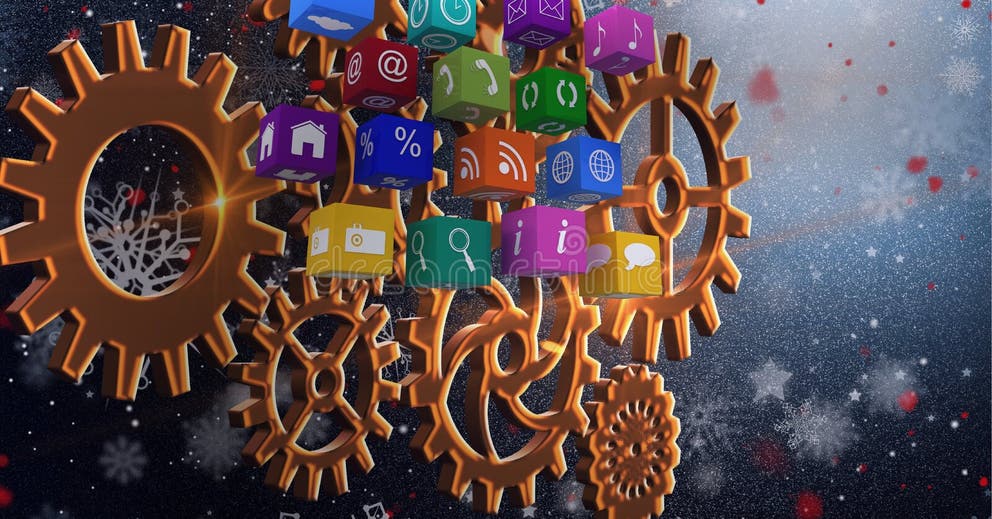 Composition of Multi Coloured Digital Icons and Yellow Cogs on Blue ...